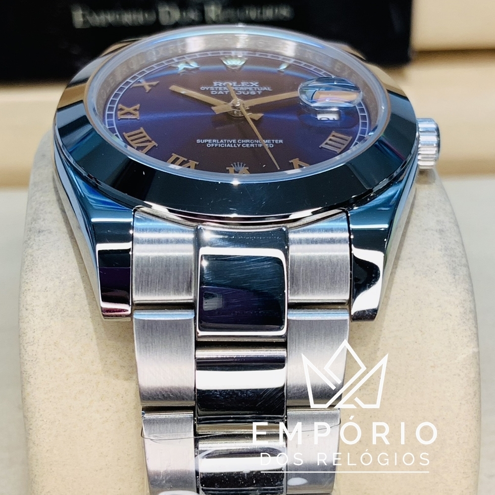 Rolex Datejust 41 Azul Aço Luneta Lisa Romano | Réplicas de Relógios ...